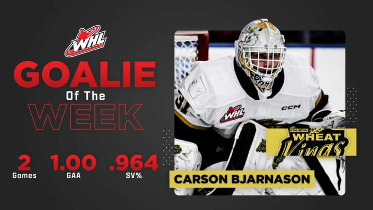 Carberry’s Carson Bjarnason named WHL Goaltender of the Week